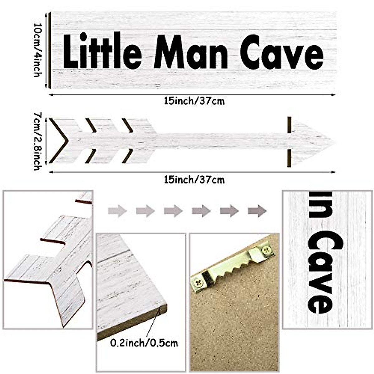 3 Pieces Little Man Cave Wood Sign Decor Toddler Boys Room Wood Wall Art Sign 15 x 4 x 0.2 Rustic Boys Nursery Wall Sign Decor Farmhouse Wooden Arrow Sign for Baby Home Bedroom Living Room (White)