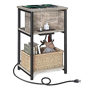 VASAGLE Side Table with Charging Station, 3-Tier End Table with USB Ports and Outlets, Nightstand for Living Room, Bedroom, 11.8 x 13.4 x 22.8 Inches, Plug-in Series, Greige and Black ULET373B02