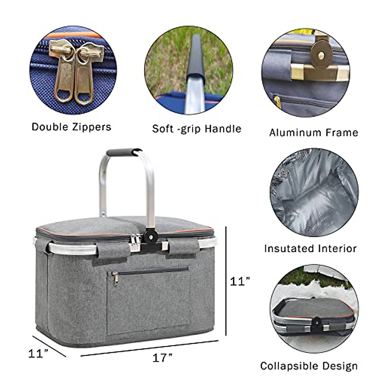 Pamime 35L Large Picnic Basket Aluminum Folding Picnic Basket Insulated Lunch Bag Padded Handle Picnic Basket for Men for Travel Cooler Shopping Camping Grocery Bags(Grey)