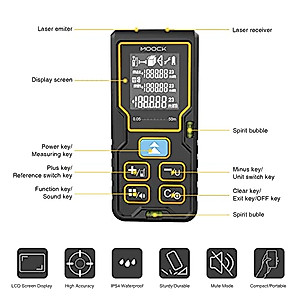Laser Measure, MOOCK 229Ft/70M Laser Tape Measure Digital Laser Measurement Tool Laser Distance Measure, 2 Bubble Levels, LCD Backlit, M/in/Ft Unit, Measure Distance, Area, Volume, Pythagorean