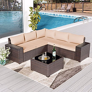 RTDTD Outdoor Patio Furniture Set, 6 Pieces Outdoor Furniture All Weather Patio Sectional Sofa PE Wicker Modular Conversation Sets with Coffee Table,5 Chairs & Seat Clips(Brown)