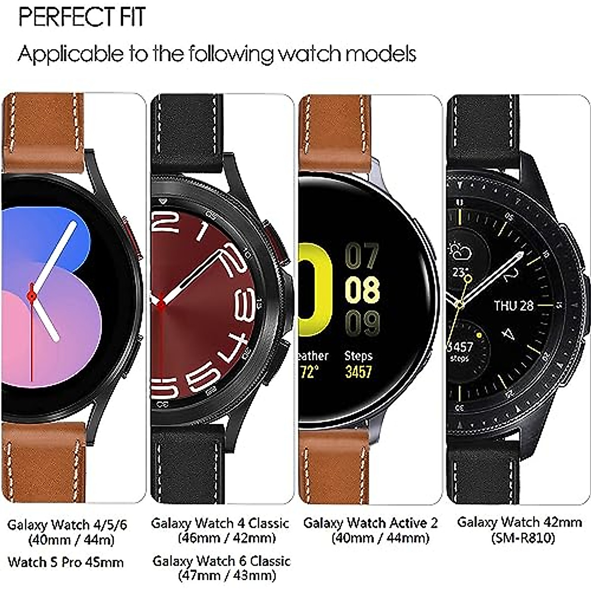 Olytop Galaxy Watch 5 Pro Bands 45mm, Galaxy Watch 6/4 Classic Band 47mm 46mm 43mm 42mm, Samsung Galaxy Watch 6/5/4/Acitve 2 Bands 44mm 40mm, 20mm Leather Wristband Replacement Strap Men, Black+Brown