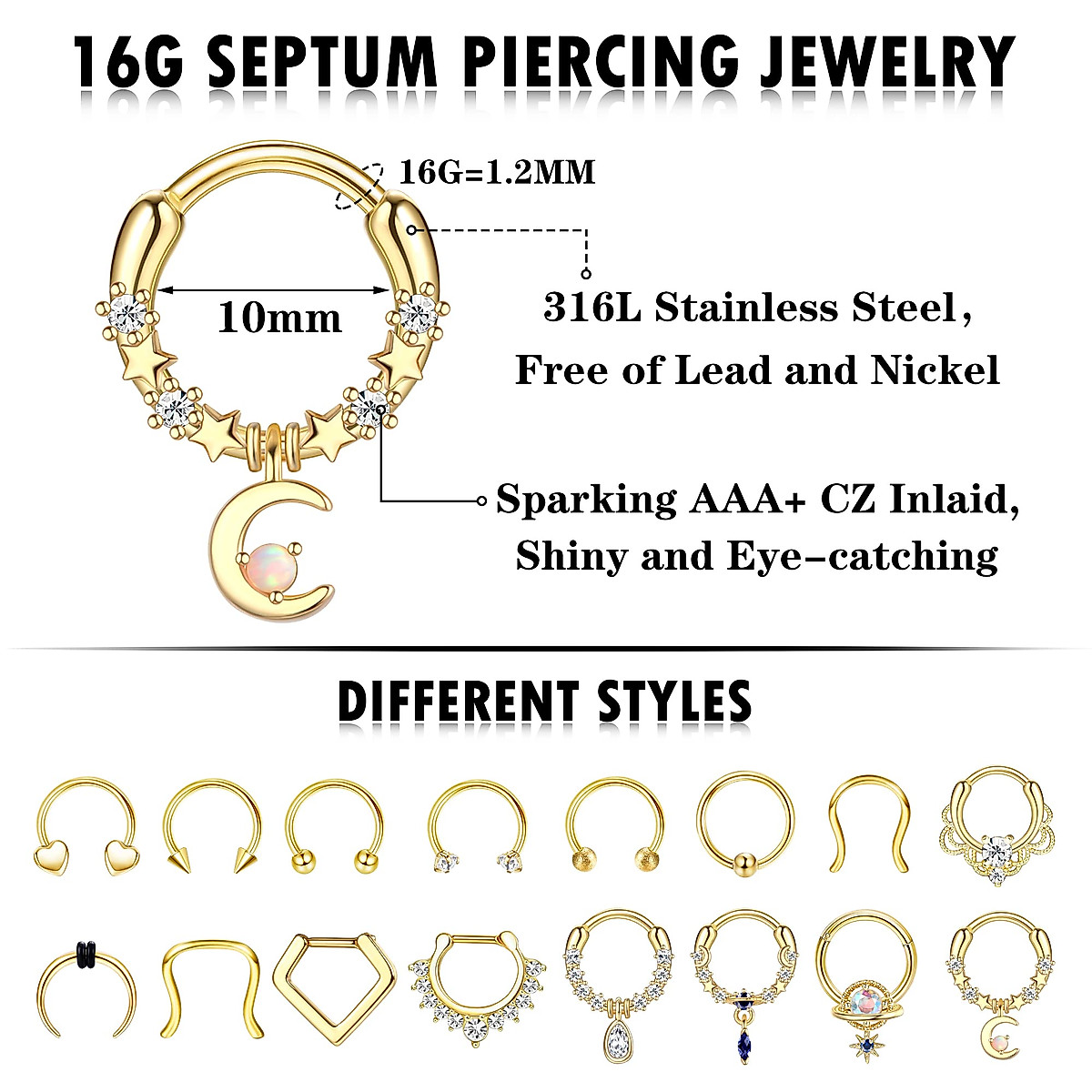 Besteel 16Pcs 16G Septum Rings, 316L Stainless Steel Nose Rings Hoop, Hinged Seamless Horseshoe Clicker Rings, Stainless Steel, cubic zirconia