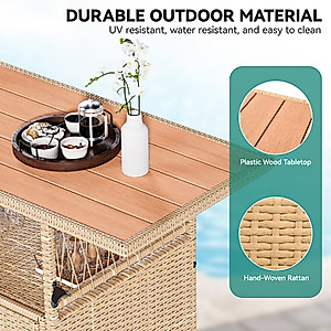 YITAHOME XL Outdoor Storage Cabinet Patio Wicker Bar Table w/Plastic Wood Tabletop, Wine Glass Holders and Built-in Bottle Opener, Light Brown