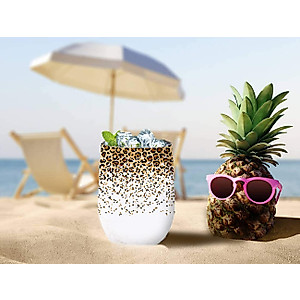 Leopard Print 12 oz Insulated Wine Tumbler with Lid - Personalized Pattern Stainless Steel Outdoor Wine Glass - Unique Birthday Christmas Gifts for Her Women Best Friends