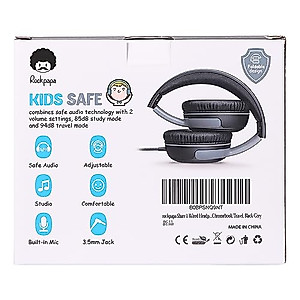 rockpapa Share 1 Kids Headphones Wired with Microphone & Share Port, 85dB/94dB Volume Limited, Cute Foldable Student Child Boys Girls Headphones for School/Classroom/Travel Black/Grey