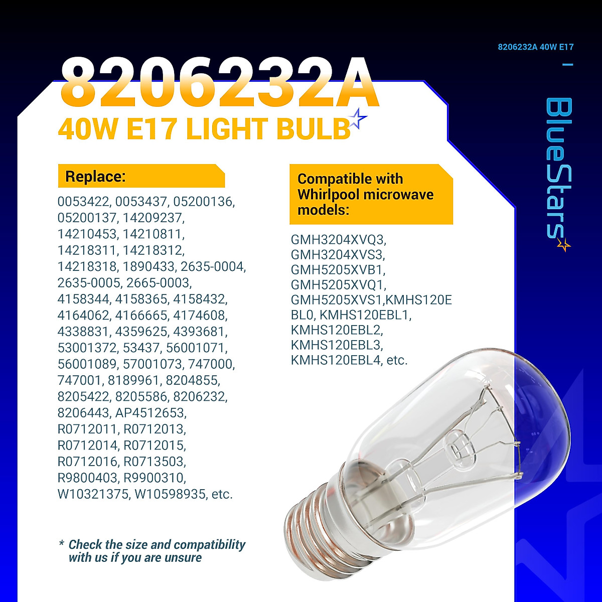 BlueStars 8206232A Whirlpool Microwave Light Bulb Kei 125V 40W Microwave Bulb E17 Fits Whirlpool Maytag Lava Lamps Salt Lamp Bulbs - Replaces 1890433 8206232 AP4512653 (3 Packs)