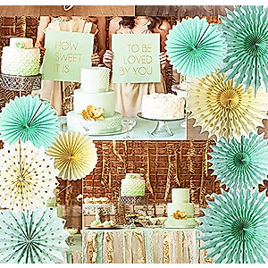 Mint Gold Birthday Decorations Mint Cream Gold Polka Dot Paper Fans for Trial Baby Shower Decorations Mint Gold Wedding/Mint First Birthday Decorations Mint Gold Bridal Shower Decorations