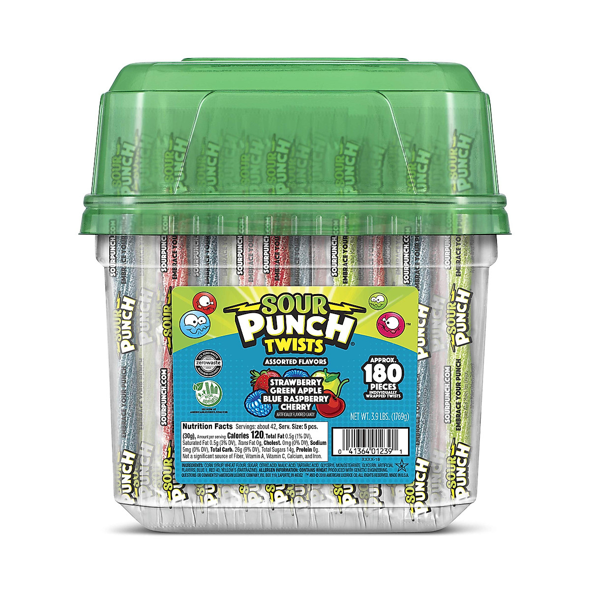Sour Punch Twists, 6" Individually Wrapped Soft & Chewy Candy Tub, 4 Fruit Flavors, 62.4 Oz