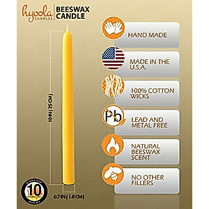 Hyoola 10 Inch Beeswax Taper Candles - 12 Pack - Handmade, All Natural, 100% Pure Unscented Bee Wax Candle - Tall, Decorative, Golden Yellow - 10 Hour Burn Time