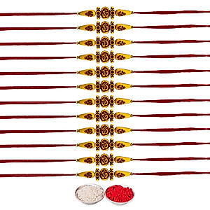 KSJONE Set of 12 Om Design Rakhi Thread, Rakhi for Brother, Raksha Bandha Gift for Your Brother, Rakhi Bracelet for Loving Sibling, Father, Bhabhi, Bhaiya with Roli Chawal (Design 2)