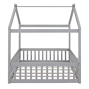 Polibi Full Size Wood Floor Bed Frame,Full House-Shaped Bed Daybed with Fence, for Kids Teens Girls Boys,Gray