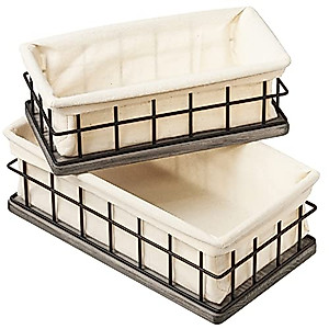 Bathroom Decor Wire Basket Set of 2 - Wood Baskets with Liners for Organizing - Rustic Wooden Toilet Paper Holder for Farmhouse Bathroom Kitchen Decor, Toilet Paper Storage (Gray, 2 Sizes)