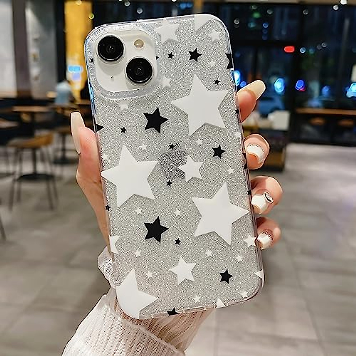 HYUEKOKO Compatible with iPhone 13 Case Bling Glitter White Black Stars Case for Women Girls, Slim Hard Back Clear Phone Case Cover for iPhone 13 6.1''