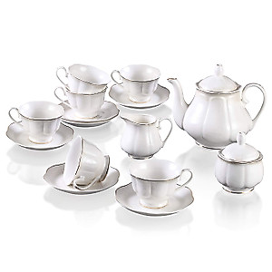 GUANGYANG GY 15-pcs Lotus Shape Porcelain Tea set with 7oz 6 Tea Cups and 6 Saucers,1 Teapot Sugar Bowl,1 Cream Pitcher,White