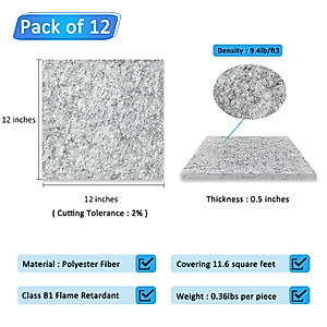 BXI Thickened Sound Absorbing Panels - 12 Pack 12 X 12 X 0.5 Inches Dense Acoustic Panels, Echo Noise Reducing Sound Panels, Tackable Studio Panels for Wall and Ceiling Acoustic Treatment