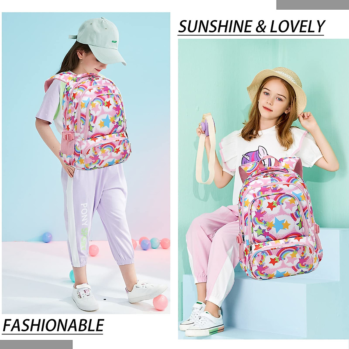 BLUEFAIRY Kids Backpack for Girls Elementary Primary School Bags for Kindergarten Childs Bookbags Lightweight Cute Gifts 17" Mochilas Escolares para Niñas de 6 7 8 9 Rainbow Pink