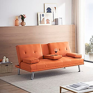 Foldable Futon Sofa Loveseat Convertible Sleeper Couch Bed for Small Space Apartment Office Living Room Furniture Sets with 2 Cup Holders, Tufted Back & Seat Orange PU Leather 67" W