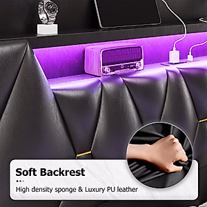 BYSAUD Floating Bed Frame with RGB Light，Hidden Storage Space in The headboard,Floating Bed with Charging Station Including 2 Standard sockets, PU Leather (King)