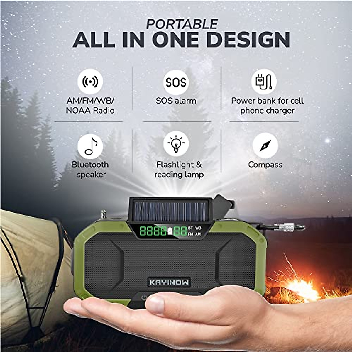 Portable Digital AM FM Radio Waterproof Bluetooth Speaker,Hand Crank Solar Emergency Radio,5000mAH Cell Phone Charger,NOAA Weather Radio with Flashlight,Reading Lamp,SOS Alarm,Outdoor Camping Radio