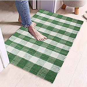 GLAMBURG Cotton Buffalo Check Plaid Rugs Washable, Handwoven Checkered Rug Welcome Door Mat 22x34 Rug for Kitchen Bathroom Outdoor Porch Laundry Living Room, Farmhouse Reversible Rag Rug Green White