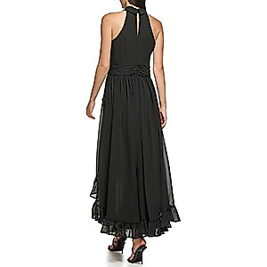 Karl Lagerfeld Paris Women's Chiffon High-Low Maxi Dress with Ruffle Skirt and Mock Neck, Black, 12