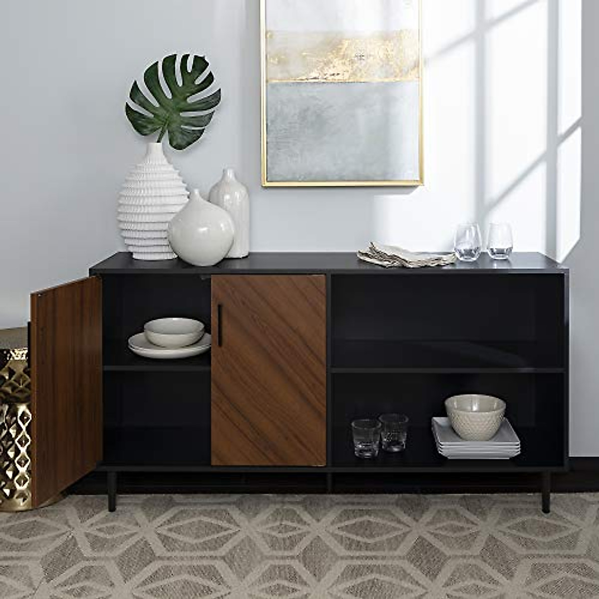 Walker Edison Fehr Modern 2 Door Bookmatch Asymmetrical Console for TVs up to 65 Inches, 58 Inch, Black
