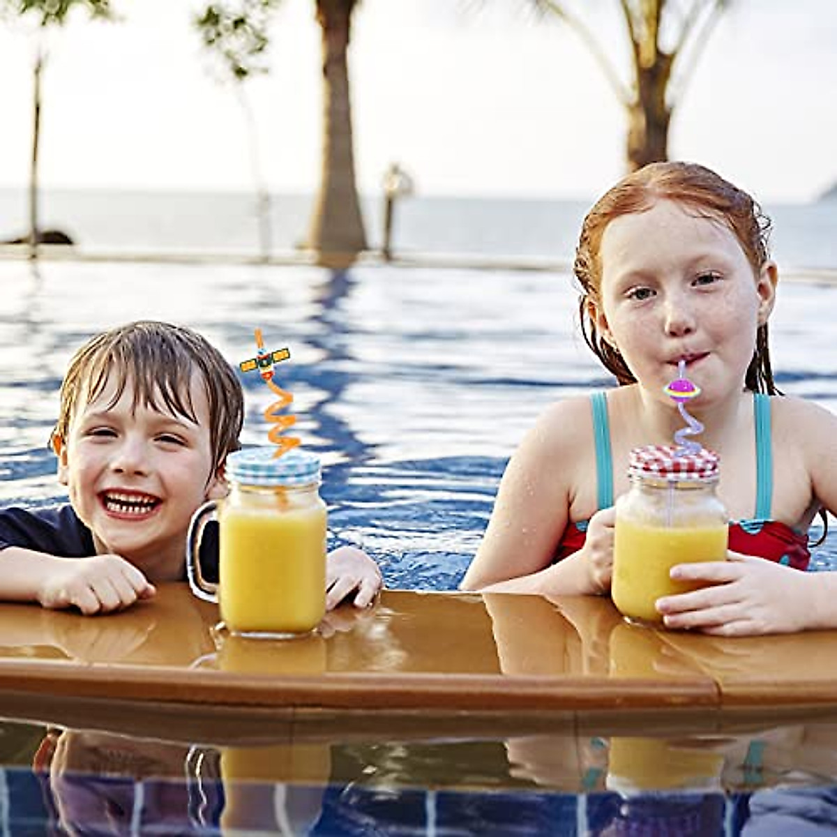 24 PC Outer Space Straws Party Favors, Reusable Plastic Straws for Birthday Party Decorations Include Solar System Astronaut Rocket Spaceship Satellite Planet Straws with 2 PC Clean Brushes