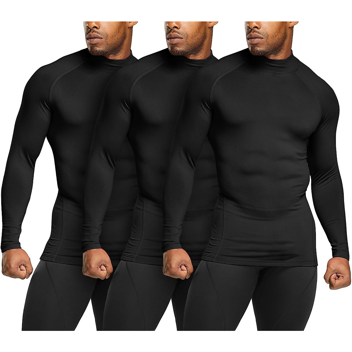 ATHLIO Men's Thermal Long Sleeve Compression Shirts, Turtle/Mock Winter Sports Base Layer, Active Running Shirt, Active Shirts 3pack Black/Black/Black, Medium