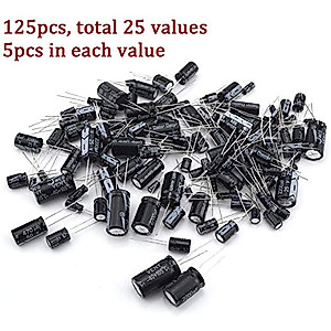 RilexAwhile Aluminium Electrolytic Capacitor Kit 25 Values Total 1uF to 2200uF for TV, VCD, Chargers, Adapters, Electronic Toys (125pcs)