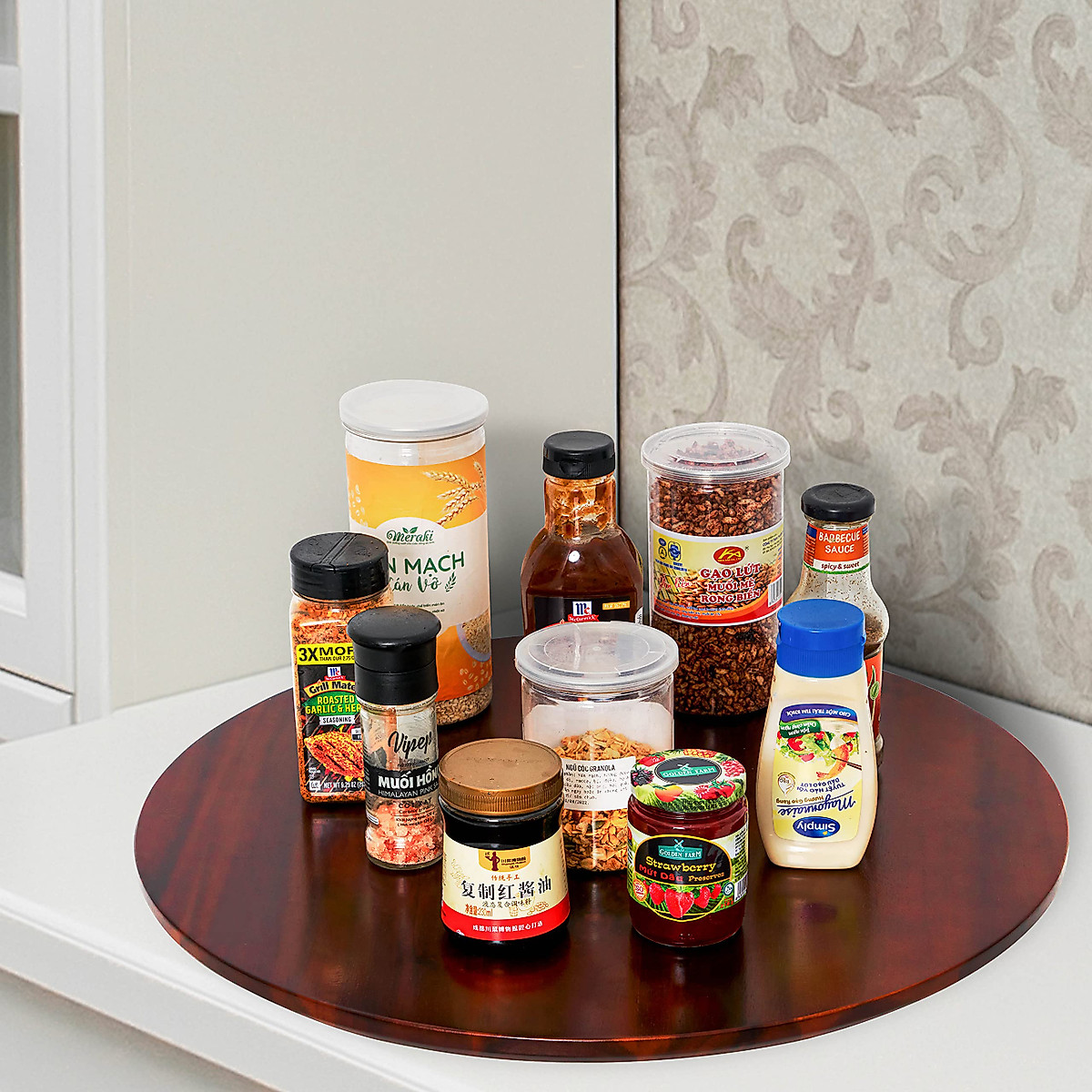 WOODGIN 21inch Acacia Wood Lazy Susan Dark Brown - The Lazy Susan for Table - Extra Large Storage Container, Storage Tray for Kitchen Countertop, Cabinet,Kitchen Essential for Serving & Storage.