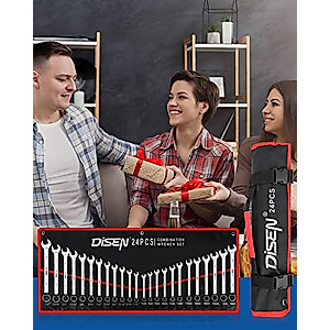 DISEN 24pcs Combination Wrench Set, Metric/SAE, IN/MM Wrench Set with Tool Roll,12 Point Combination Wrench, 7-18mm and 1/4-7/8" Box End and Open End Wrench Set, Drop Forged Steel