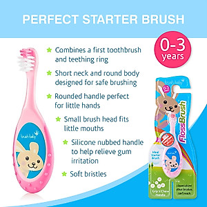 brush-baby Bobbie Flossbrush Starter Toothbrush for Ages 0-3 Years (Pink) (3-Pack)