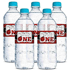 Red Ladybug First Birthday Party Waterproof Water Bottle Sticker Wrappers, 20 1.75" x 8.5" Wrap Around Labels by AmandaCreation