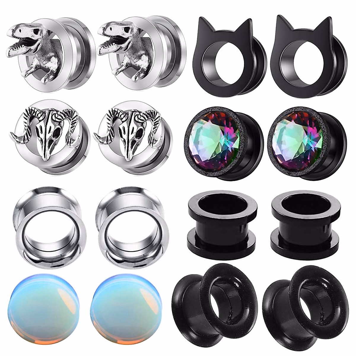 8 Pairs CZ Gems Ear Tunnels Plugs Gauges Stainless Steel Tyrannosaurus Expander Stretcher Piercings Opal Glass Silicone Black Dinosaur (6mm=2g)