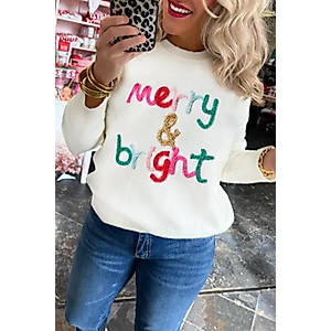 Women's White Merry Bright Round Neck Casual Christmas Sweater Solid Slogan Long Sleeve Sweatshirt Pullover Tops