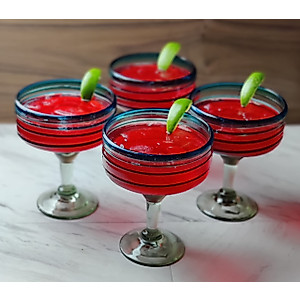 Mexican Hand Blown Glass – Set of 4 Hand Blown Margarita Glasses (16 oz) with Aqua Spiral Design