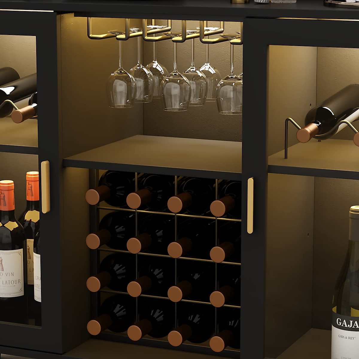 Gyfimoie Modern Wine Bar Cabinet with LED Light, Home Coffee Cabinet w Wine Rack and Glass Holder, Kitchen Sideboard Buffet Cabinet w Storage Shelf, Freestanding Liquor Cabinet w Glass Door (Black)