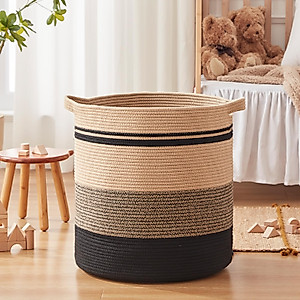Woven Laundry Basket Hamper, 80L Tall Basket for Blanket Storage, Cotton Rope Decorative Storage for Living Room, Dirty Clothes Basket, Baby Hamper for Nursery (Black & Brown)