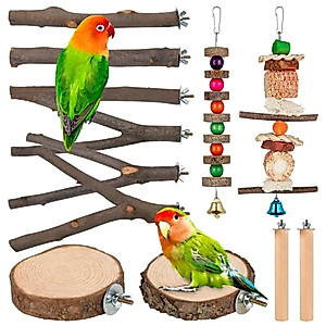12PCS Bird Perches for Cage Bird Stand Chew Toys, Natural Wood Parrot Perch Stand Perch Platform Cage Accessories for Parakeets Budgies Cockatiels Conure Lovebirds