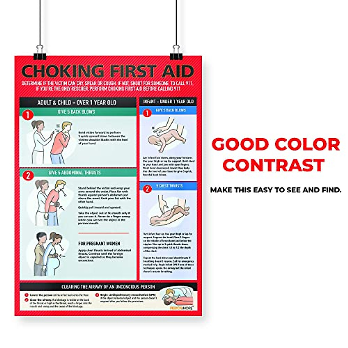 Safety Choking Victim Poster Measures 12" x 18", Choking First Aid Poster for Infants, Kids, Pregnants, and Adults, First Aid Guide Quick Reference Guide, Laminated by Ring Binder Depot