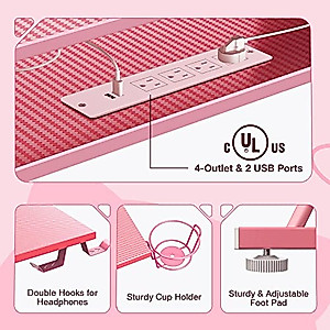 SEVEN WARRIOR Gaming Desk 50.4” with LED Lights& Power Outlets, L-Shaped Gaming Desk Carbon Fiber Surface with Monitor Stand, Ergonomic Pink Gaming Desk with Cup Holder, Headphone Hook