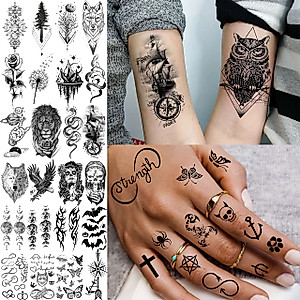 Rejaski 66 Sheets Black Eagle Dragon Temporary Tattoos For Men Women Thigh, Scary Halloween Tiger Lion Devil Skull Fake Tattoos For Adults, 3D Wolf Large Half Arm Sleeve Realistic Tatoo Forearm Teens