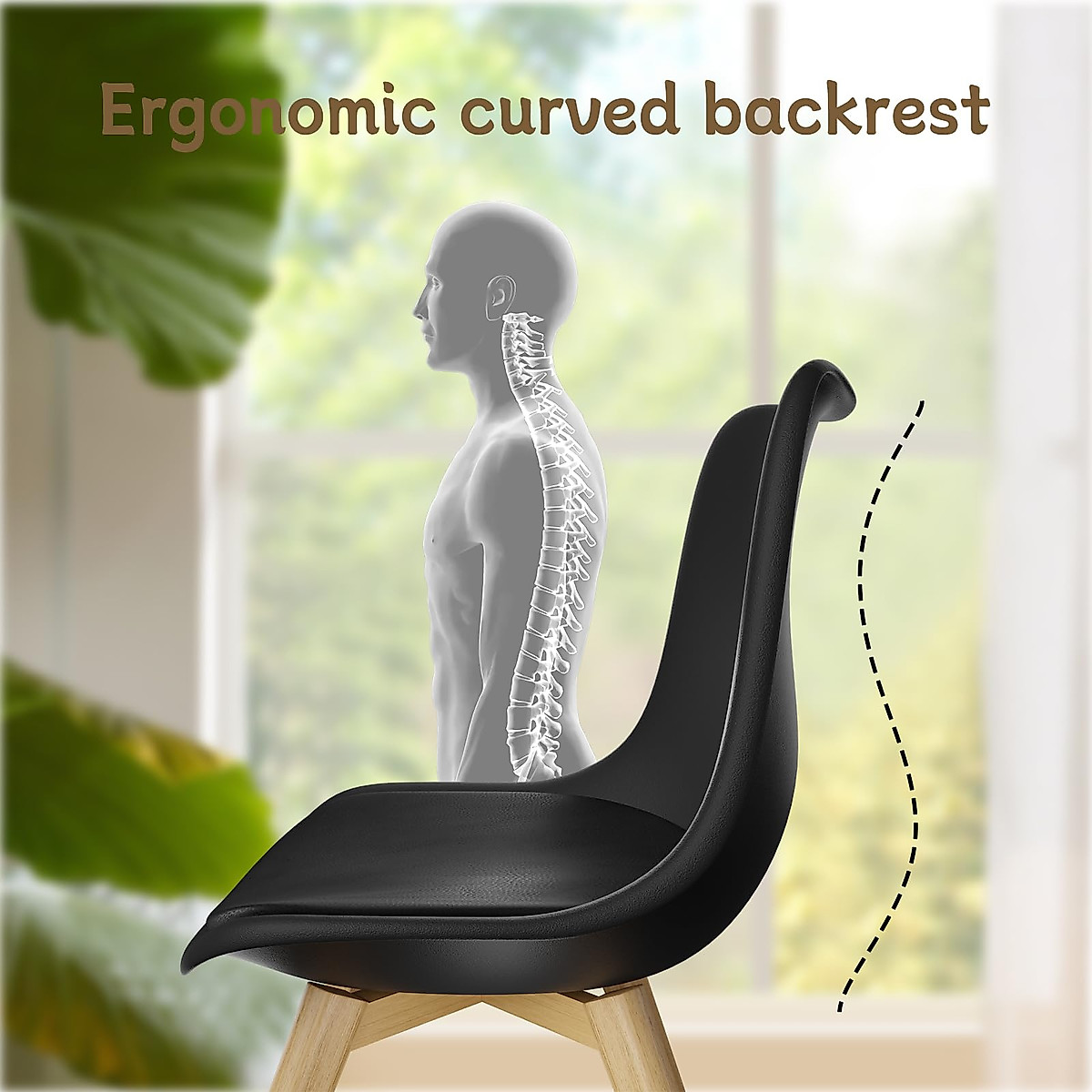 KR EVERKIND Modern Dining Room Chair Set of 4, Mid Century Modern Shell Chair with Beech Wood Legs and Soft Padded, DSW Upholstered Side Chair for Kitchen, Dining, Bedroom, Living Room, Black