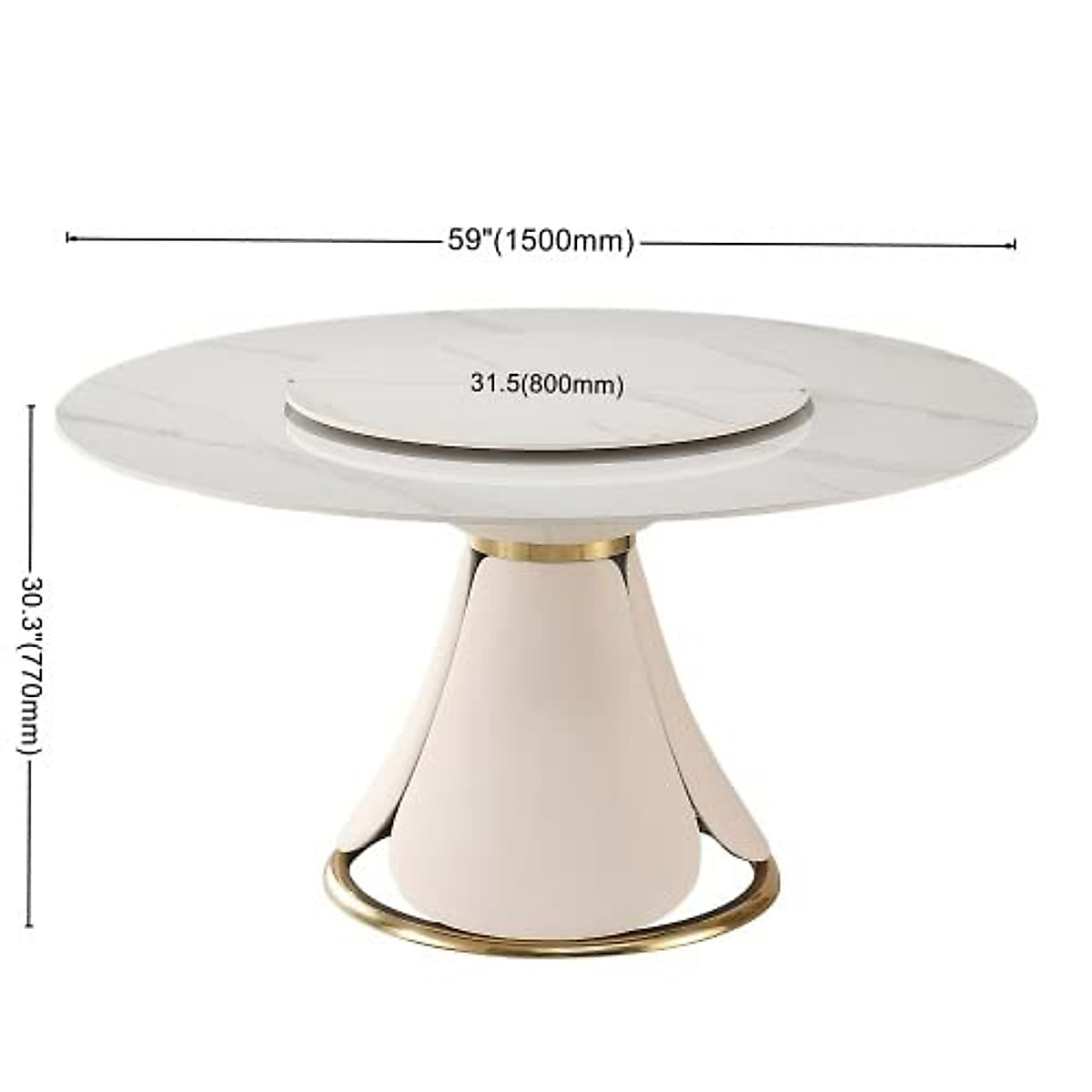 Runboll 59" Sintered Stone Round Dining Table with Detachable Lazy Susan Modern Dinner Table with 31.5" Round Turntable, PU Leather and Metal Pedestal(Not Included Chairs)