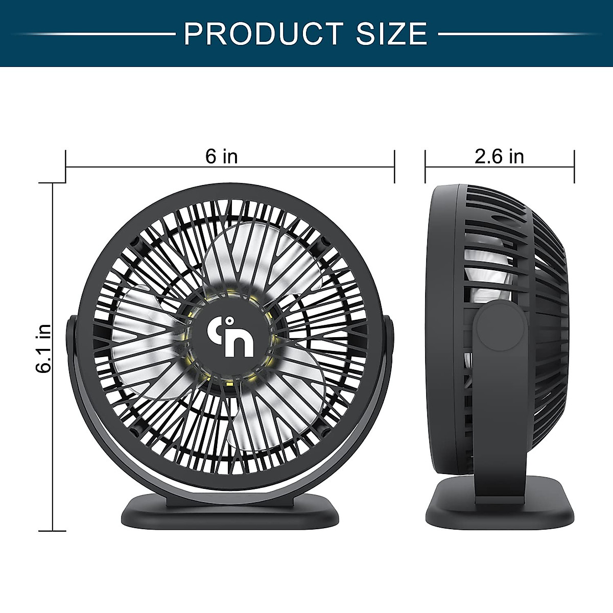 WayToLight 5.3 Inch Small Desk Fan with LED Light, 3 Speeds, USB Powered Table Fan, 360° Rotation Desktop Fan, Ultra Quiet, Mini Personal Fan for Office,Table, Study, Bedroom