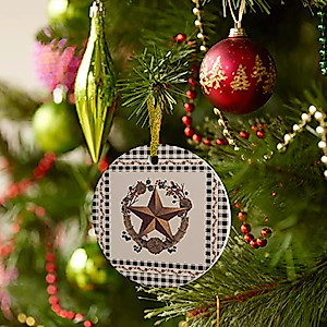 2023 Christmas Ornaments Ceramic Hanging Ornament,Western Star Farm Berry Wreath Xmas Tree Decorations for Holiday Party Home,Country Black Plaid Retro Black Christmas Ornament Gift