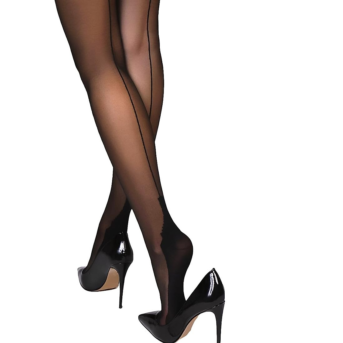 Charm and Attitude Black Sheer Seamed Thigh High Stockings for Women | Back Seam Pantyhose with Lace Top - Black, XS/S