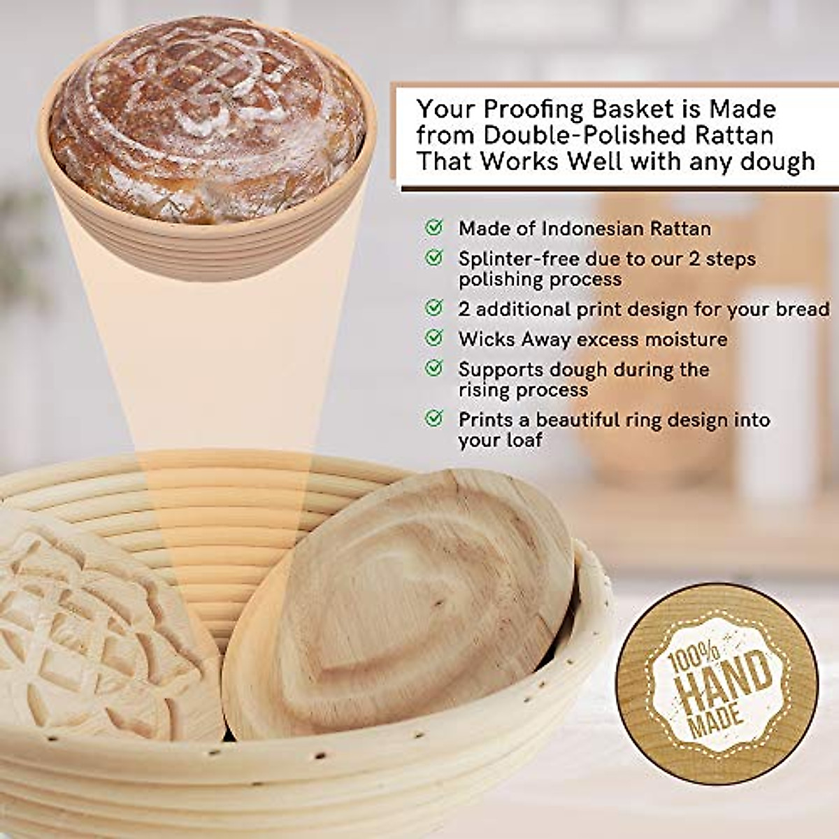 9 in Bread Proofing Basket Set - Make Sourdough Bread with our Banneton Basket and Removable Design Inserts Dough Scraper & Cloth Liner Gift for Bakers by Artizanka (Round Bottom Basket)