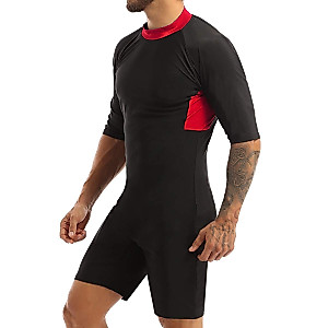 Shinsto Mens One Piece Surfing Diving Shorty Wetsuit Rock Neck Half Sleeve Stretchy Jumpsuit Swimwear Red XX-Large